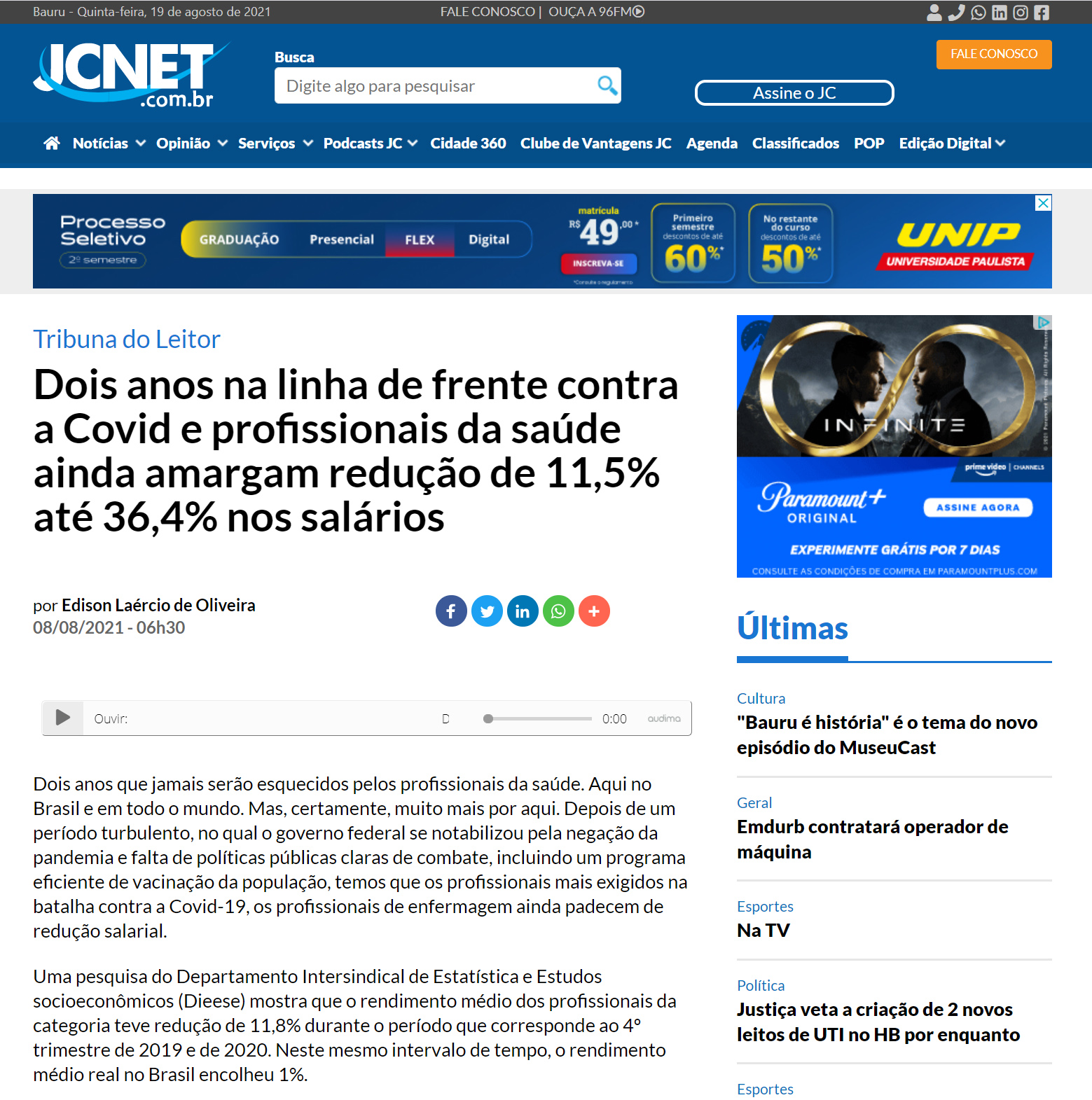 JC-NET - Bauru - Na pandemia, profissionais da saúde amargam redução de ...